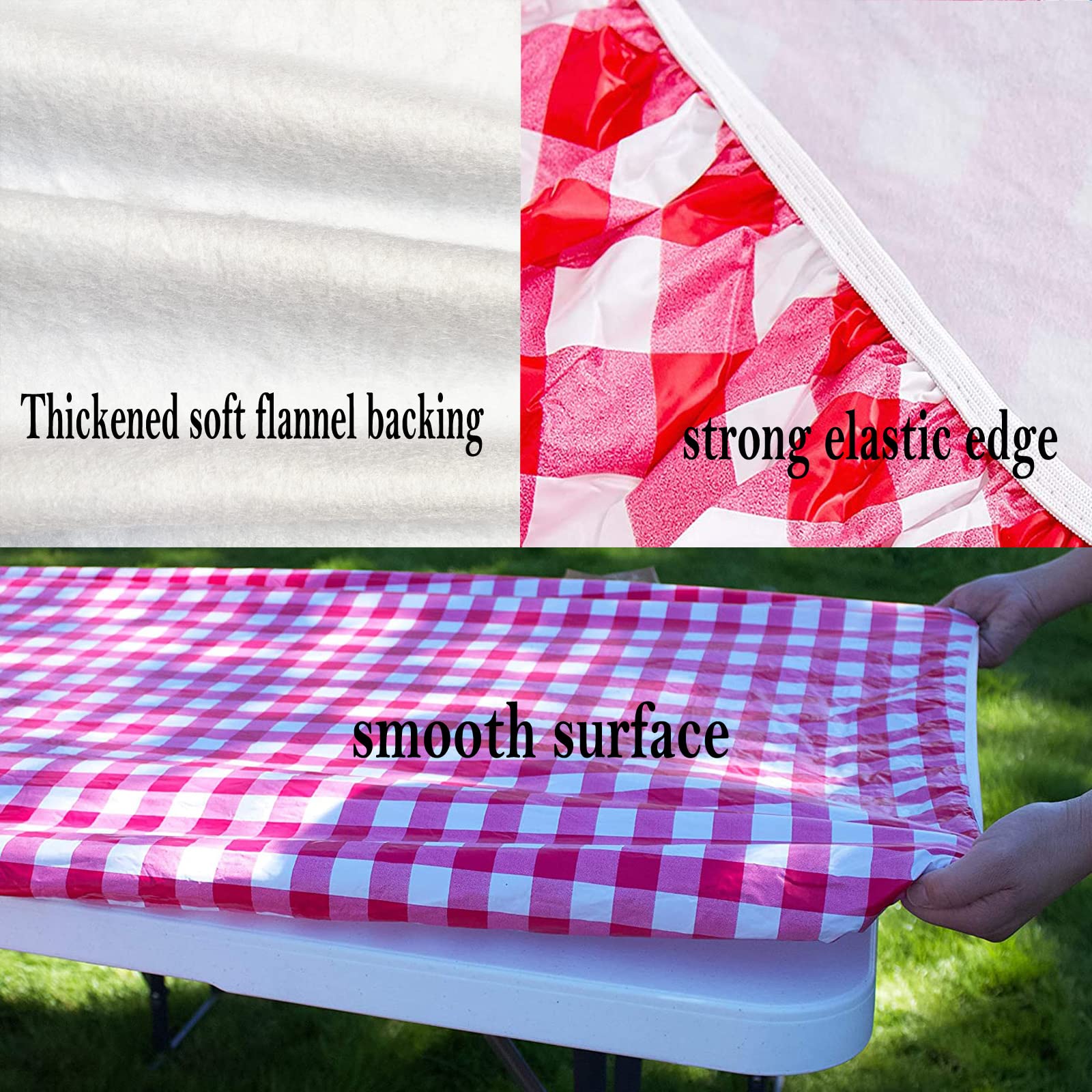 wagude Rectangle Vinyl Camping Picnic Table Cover + Benches 3-pc Set,30x72'' (6-FT) Flannel Backing Elastic Waterproof Wipeable red/White Checkered Plastic Tablecloth for Indoor Outdoor Patio Park