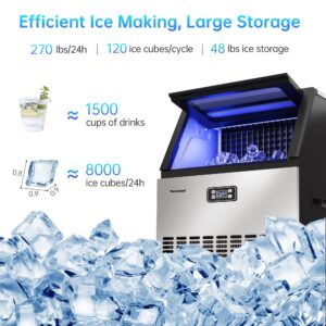 RESTISLAND Commercial Ice Maker Machine, 270 lbs/24 Hours, 48 lbs Storage Bin, Stainless Steel, Blue Light, Freestanding, Great for Home or Business, Includes Ice Scoop, Connecting Hose