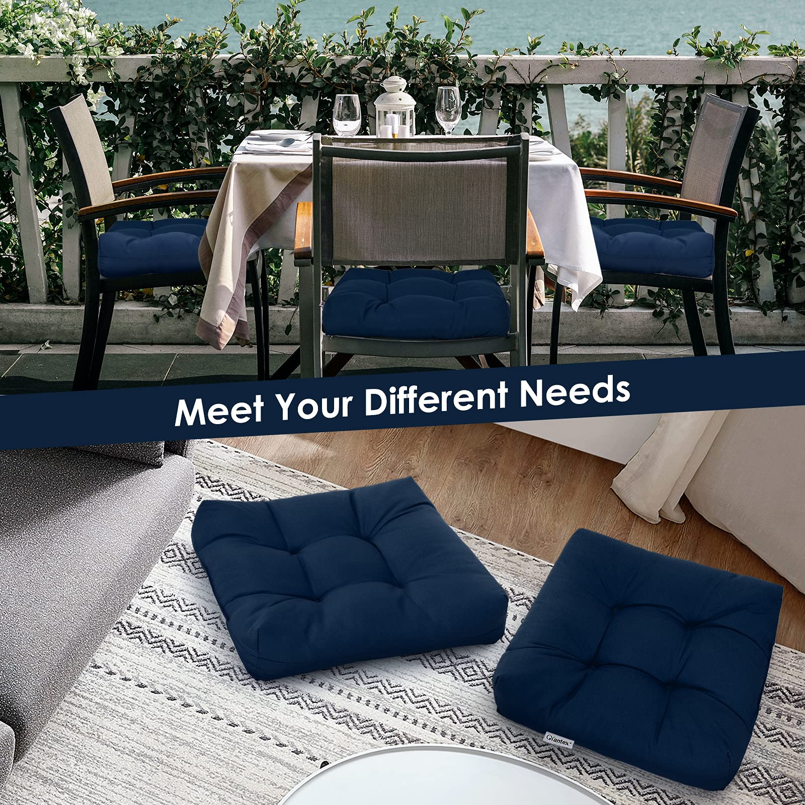 Giantex 2 Pack Tufted Patio Cushions, 4 Inch Thick Outdoor Chair Pads, Waterproof and High Elasticity, 21"X21" Square Deep Seat Cushion for Patio Furniture, Set of 2 Indoor Floor Cushion