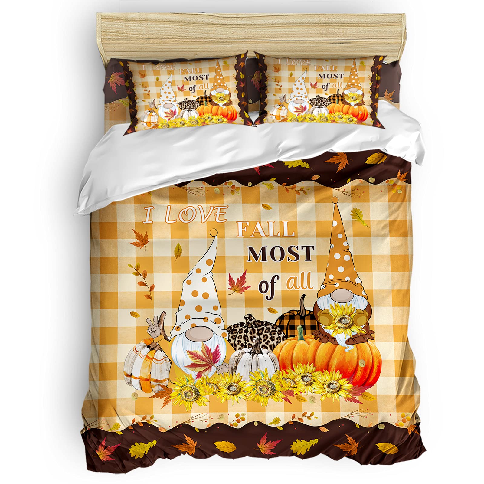 Custom Bed USA Thanksgiving Gnomes Duvet Cover Set, 4 Pieces Bedding Set with Comforter Cover, A Pair of Pillowcases and Fitted Sheet for Bedroom Decor Queen Size, Pumpkin Sunflower Fallen Leaves