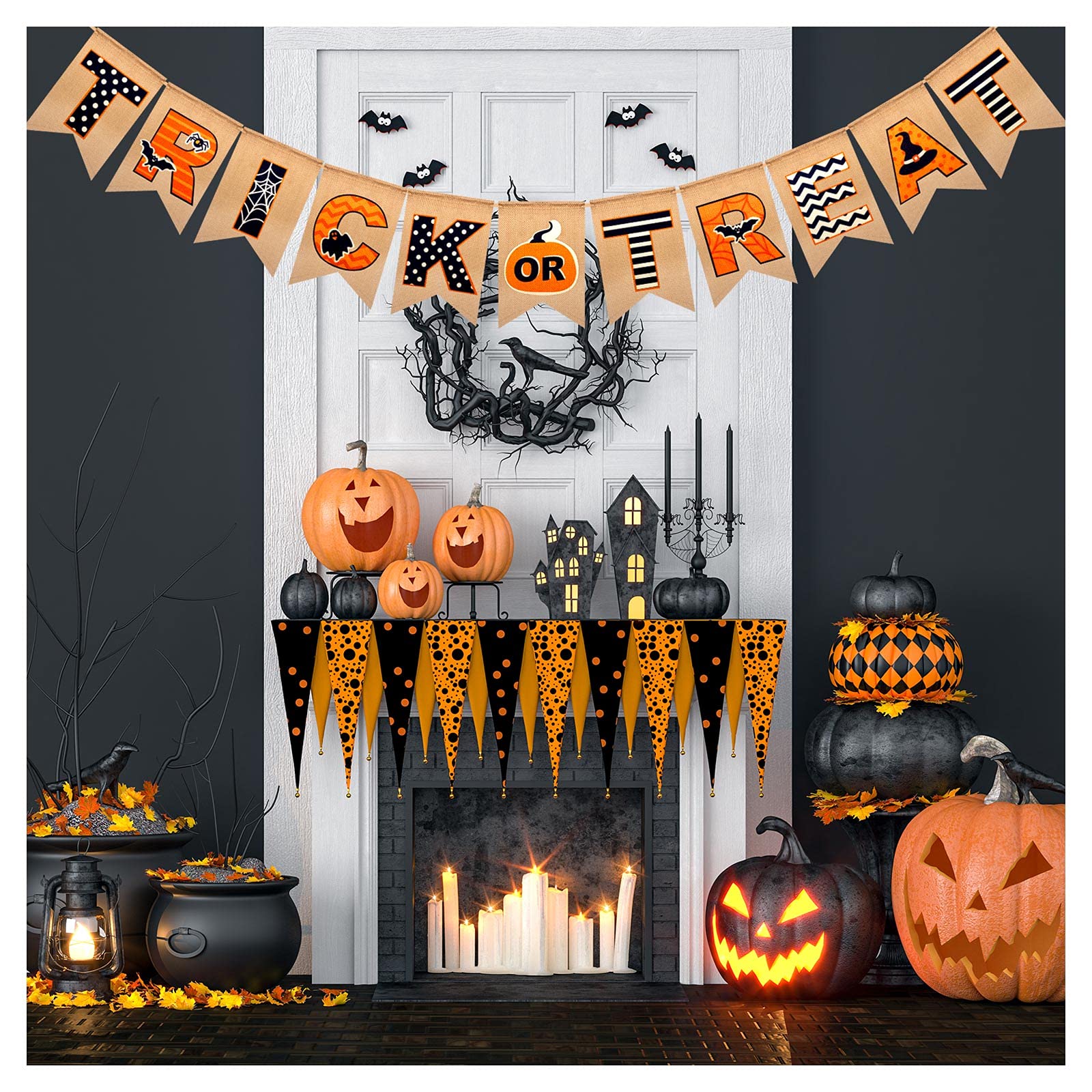 Halloween Banner for Mantle - Happy Halloween Garland Banner Burlap Trick or Treat Banner Hanging Decor for Fireplace Home Halloween Party Decorations