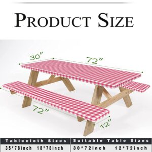 wagude Rectangle Vinyl Camping Picnic Table Cover + Benches 3-pc Set,30x72'' (6-FT) Flannel Backing Elastic Waterproof Wipeable red/White Checkered Plastic Tablecloth for Indoor Outdoor Patio Park