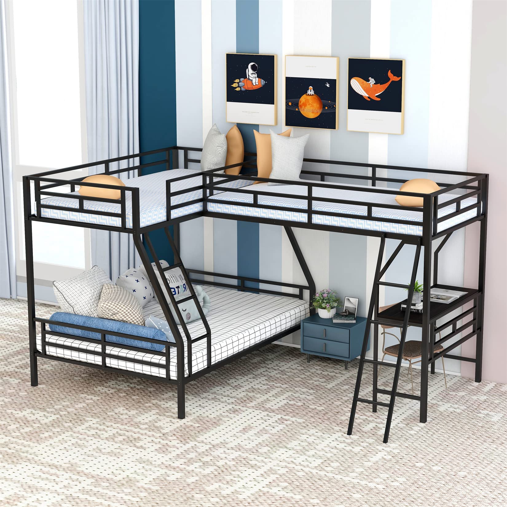 Triple Bunk Beds Twin Over Full Bunk Bed Attached a Loft Bed with Desk L-Shape Triple Loft Bed Metal Frame for Dorm, Boys & Girls Teens Kids Adults, Black