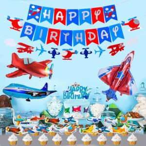 Airplane party decorations, Airplane birthday party supplies,Happy Birthday Banner Airplane Aircraft Garland Foil Latex Balloons Cake Cupcake Toppers for Kids Plane Theme Party Baby Shower Supplies