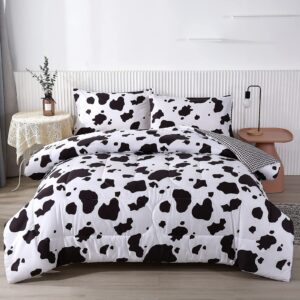 mengersi cow print bedding comforter set king bed,black and white reversible milk geometric checkered bedding sets for kids boys aduls toddler