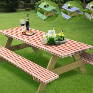 wagude Rectangle Vinyl Camping Picnic Table Cover + Benches 3-pc Set,30x72'' (6-FT) Flannel Backing Elastic Waterproof Wipeable red/White Checkered Plastic Tablecloth for Indoor Outdoor Patio Park