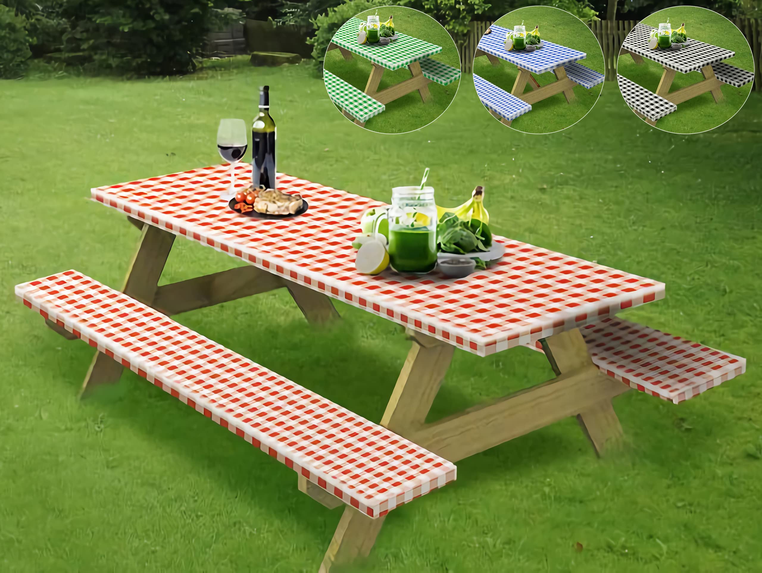 wagude Rectangle Vinyl Camping Picnic Table Cover + Benches 3-pc Set,30x72'' (6-FT) Flannel Backing Elastic Waterproof Wipeable red/White Checkered Plastic Tablecloth for Indoor Outdoor Patio Park