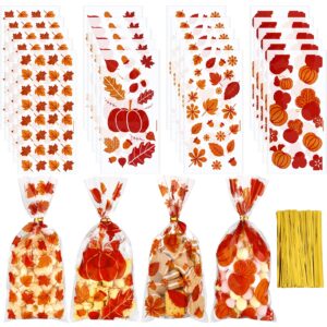 100 pieces valentines cellophane bags plastic clear candy pouch valentines prefilled goody bags 5 styles goodie treat bags 100 pieces golden twist tie for party favors, 5.1 x 10.6 inch (fall style)