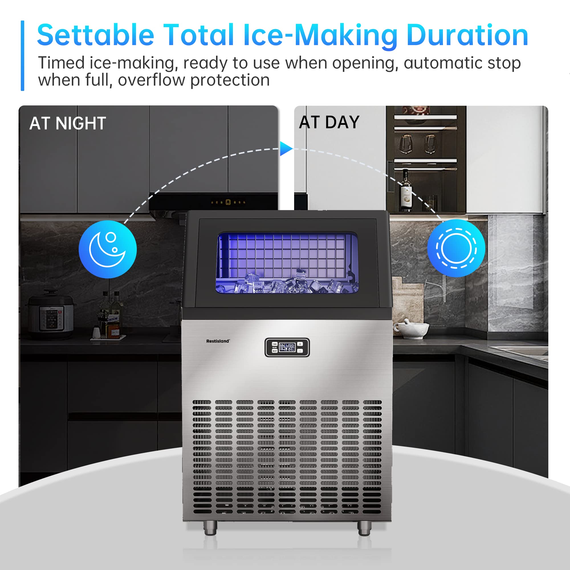 RESTISLAND Commercial Ice Maker Machine, 270 lbs/24 Hours, 48 lbs Storage Bin, Stainless Steel, Blue Light, Freestanding, Great for Home or Business, Includes Ice Scoop, Connecting Hose