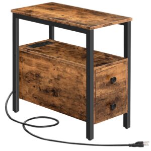 hoobro end table with charging station, narrow side table with 2 drawer & usb ports & power outlets, nightstand for small spaces, for living room, bedroom, rustic brown and black bf541bz01