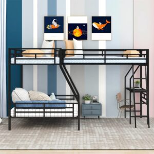 Triple Bunk Beds Twin Over Full Bunk Bed Attached a Loft Bed with Desk L-Shape Triple Loft Bed Metal Frame for Dorm, Boys & Girls Teens Kids Adults, Black