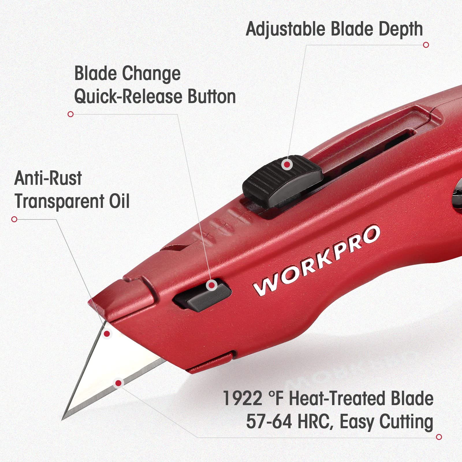 WORKPRO Premium Utility Knife, Retractable All Metal Heavy Duty Box Cutter, Quick Change Blade Razor Knife, with 10 Extra Blades, Set of 3 (Black, Red, Blue)