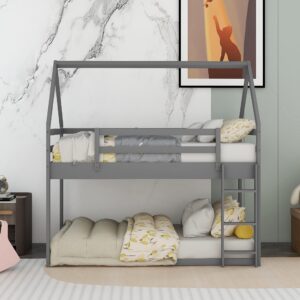 wooden house bunk bed, twin over twin house bunk bed with ladder, girls boys house bunk bed frame, floor twin toddler bunk bed twin size for kids, teens, grey