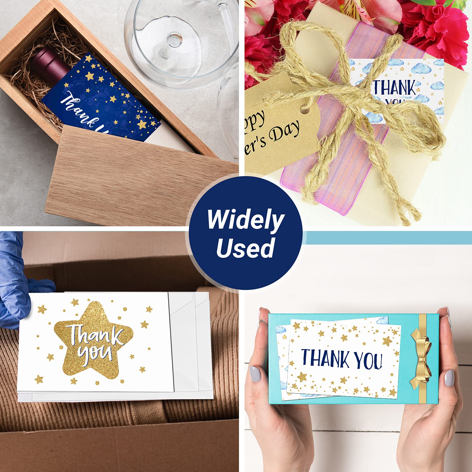 Tenare 24 Blue Stars Thank You Cards with Envelopes and Stickers,blue Gold Foil Thanks Stickers and Blank Greeting Cards for Baby Shower Birthday Weddings Graduations Party Supplies