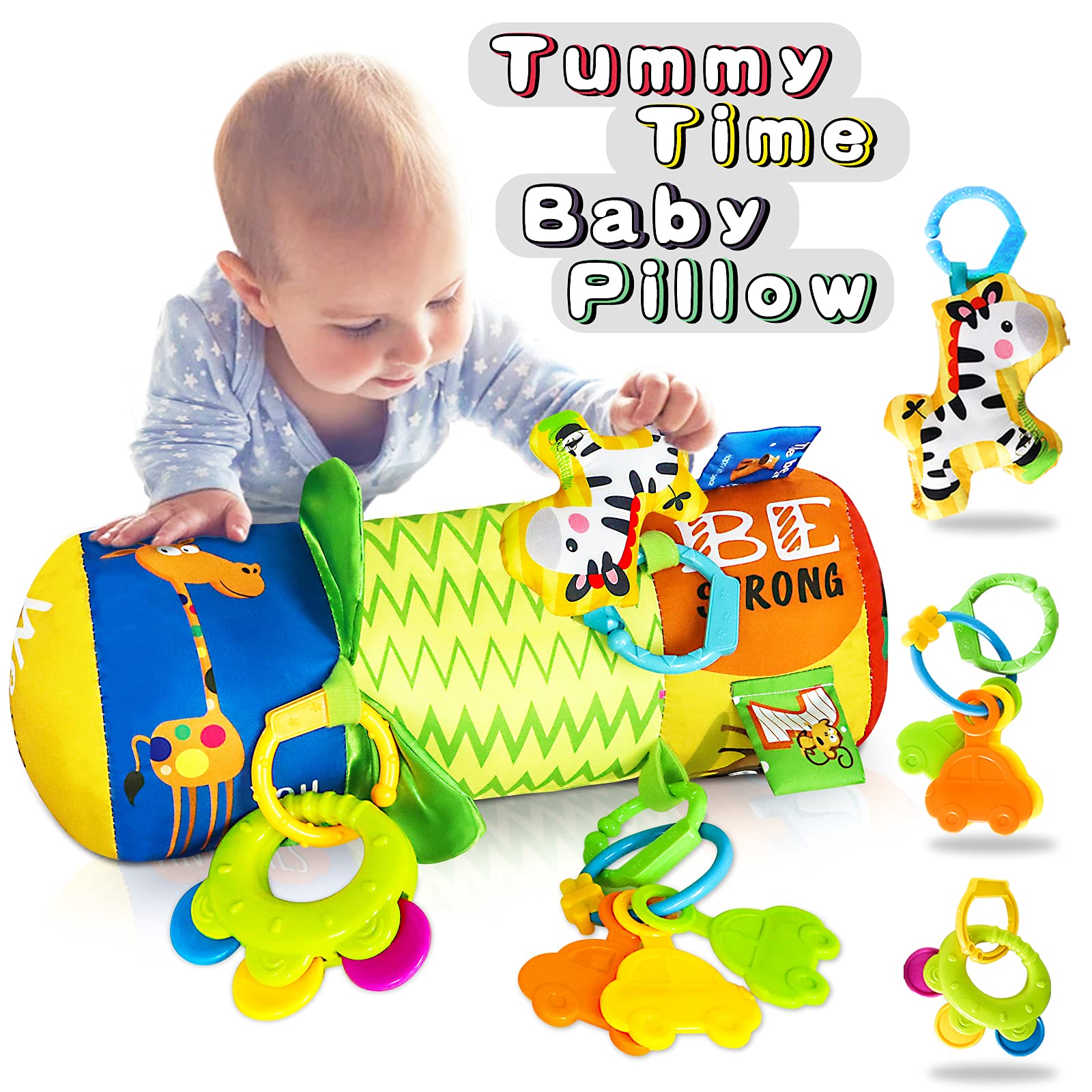 HISTOYE Baby Tummy Time Pillow Toy with Detachable Rattles Crawling Roller Developmental Baby Toys 3-6 Months Baby Toys 6-12 Months Infant Toys 0 3 6 9 12 Months Old Toys for Baby Infants Newborn