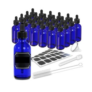 nevlers 24 pack blue 2 oz glass dropper bottles | the cobalt glass bottles for essential oil storage includes droppers, funnel, brush, and marker with labels to mark each one - colored