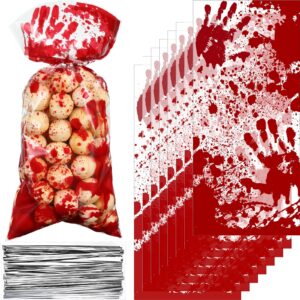 100 pieces halloween bloody treat bags, halloween zombie vampire themed cellophane candy goodie bags with 100 silver twist ties for murder bloody theme halloween party, 10.8 x 5 inch (white, red)