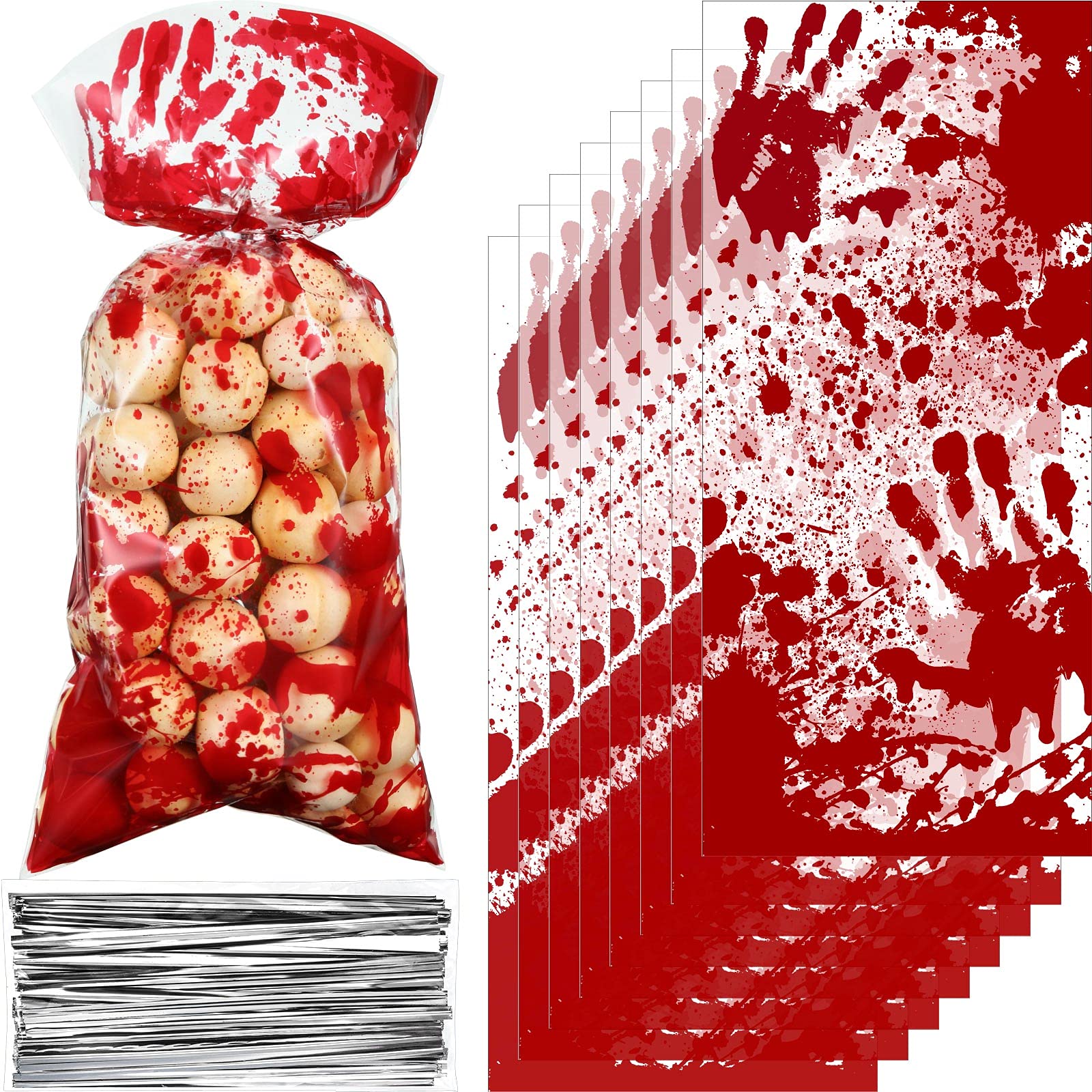 100 Pieces Halloween Bloody Treat Bags, Halloween Zombie Vampire Themed Cellophane Candy Goodie Bags with 100 Silver Twist Ties for Murder Bloody Theme Halloween Party, 10.8 x 5 Inch (White, Red)