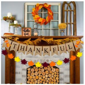 thankful burlap banner, happy fall banner autumn maple leaves thanksgiving banner for mantle fireplace rustic bunting harvest garland for thanksgiving party supplies home decoration (2 pcs)