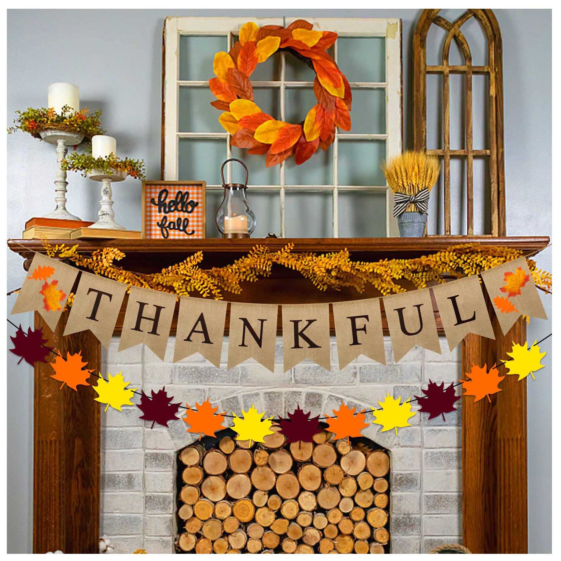 Thankful Burlap Banner, Happy Fall Banner Autumn Maple Leaves Thanksgiving Banner for Mantle Fireplace Rustic Bunting Harvest Garland for Thanksgiving Party Supplies Home Decoration (2 Pcs)