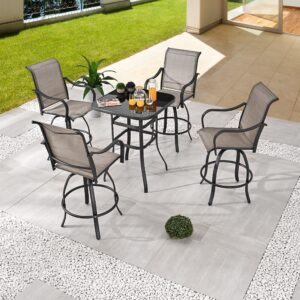 lokatse home 5 piece patio dining set tesling swivel chairs with glass square table outdoor furniture bistro rotating stools for poolside, cafe, porch, chic bar