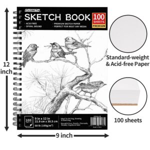 FIXSMITH 9"X12" Sketch Book | 100 Sheets (68 lb/100gsm) Spiral Sketchbook | Acid Free Drawing Paper | Sketch Pad for Kids,Beginners,Artists & Professionals| Bright White