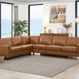 Hydeline Bella Top Grain Leather Sectional (L-Shape, Cognac), Feather Down, Memory Foam and Springs Seating