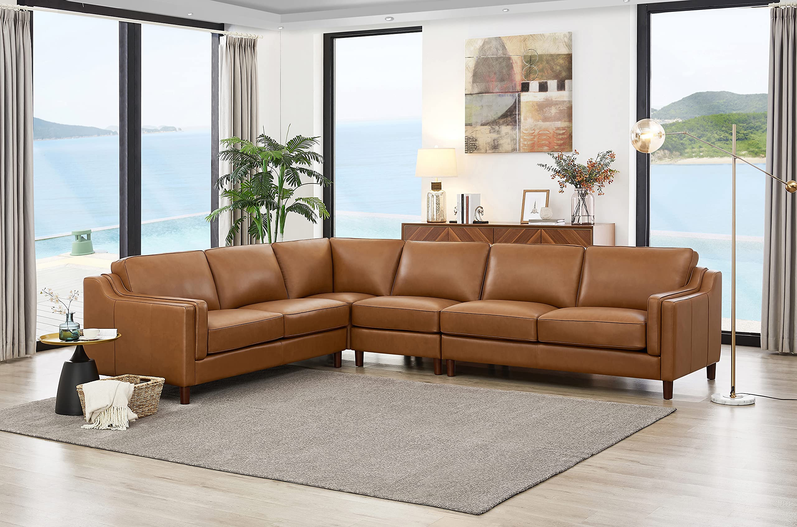 Hydeline Bella Top Grain Leather Sectional (L-Shape, Cognac), Feather Down, Memory Foam and Springs Seating