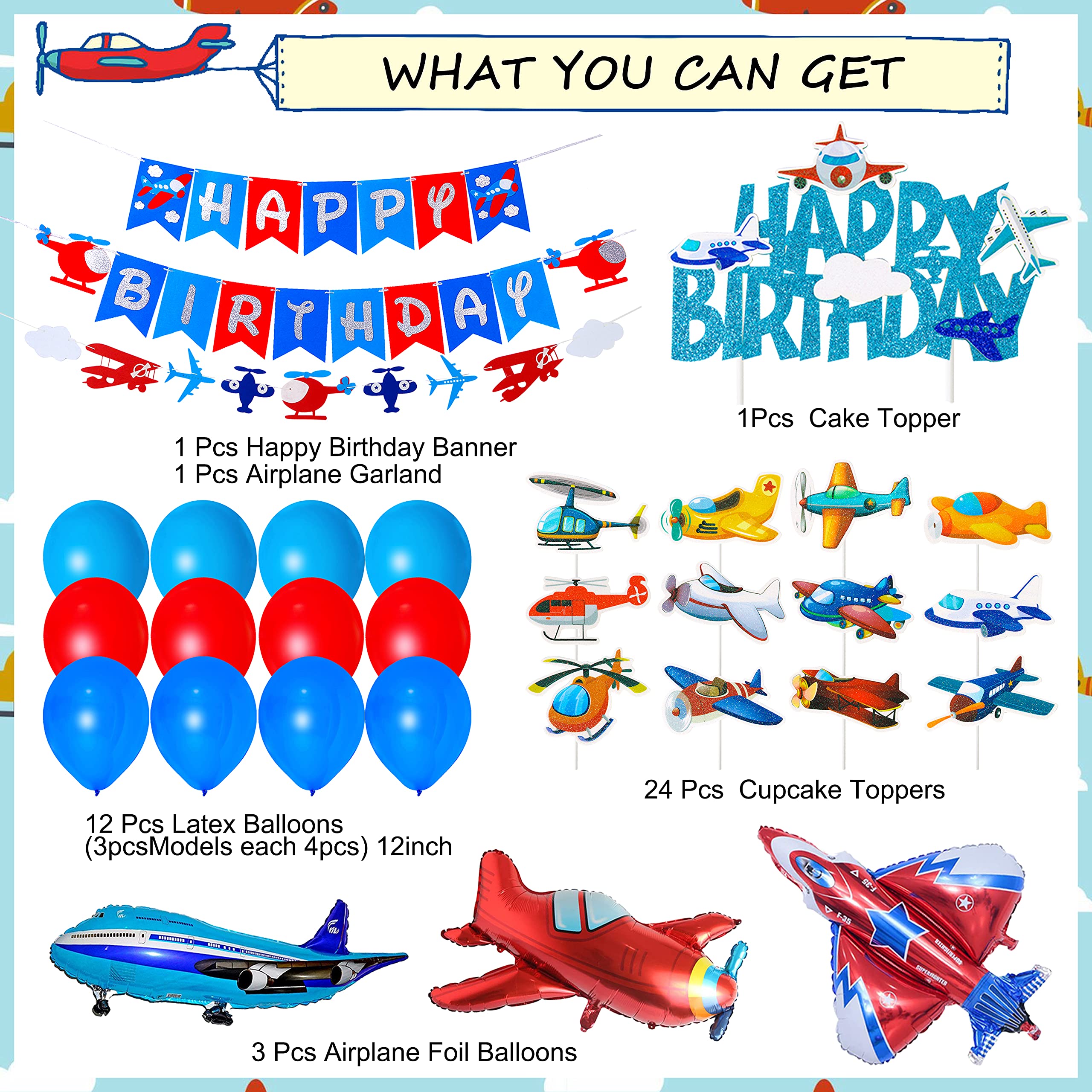 Airplane party decorations, Airplane birthday party supplies,Happy Birthday Banner Airplane Aircraft Garland Foil Latex Balloons Cake Cupcake Toppers for Kids Plane Theme Party Baby Shower Supplies