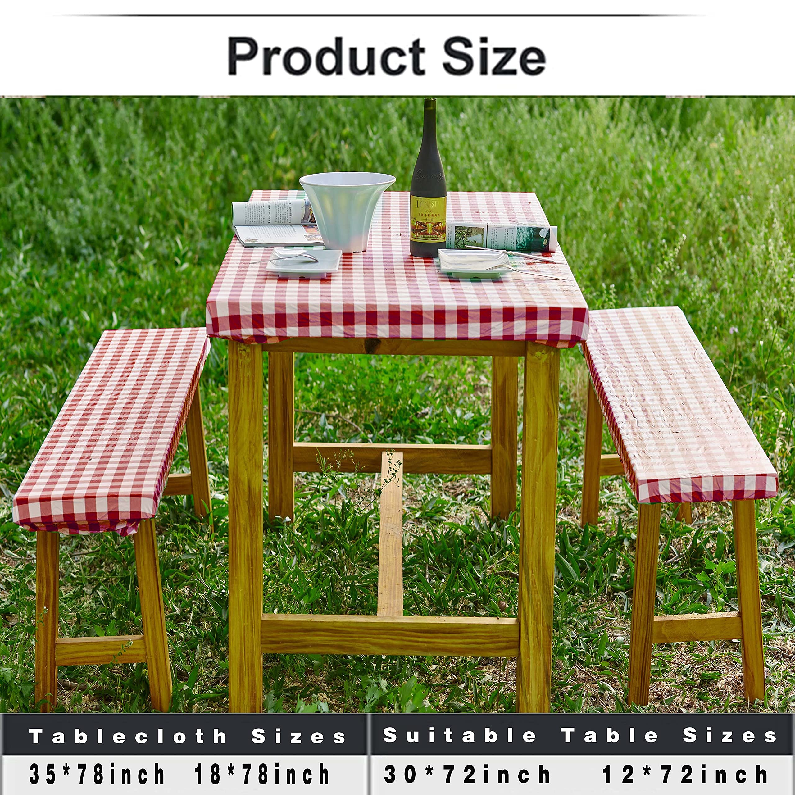 wagude Rectangle Vinyl Camping Picnic Table Cover + Benches 3-pc Set,30x72'' (6-FT) Flannel Backing Elastic Waterproof Wipeable red/White Checkered Plastic Tablecloth for Indoor Outdoor Patio Park