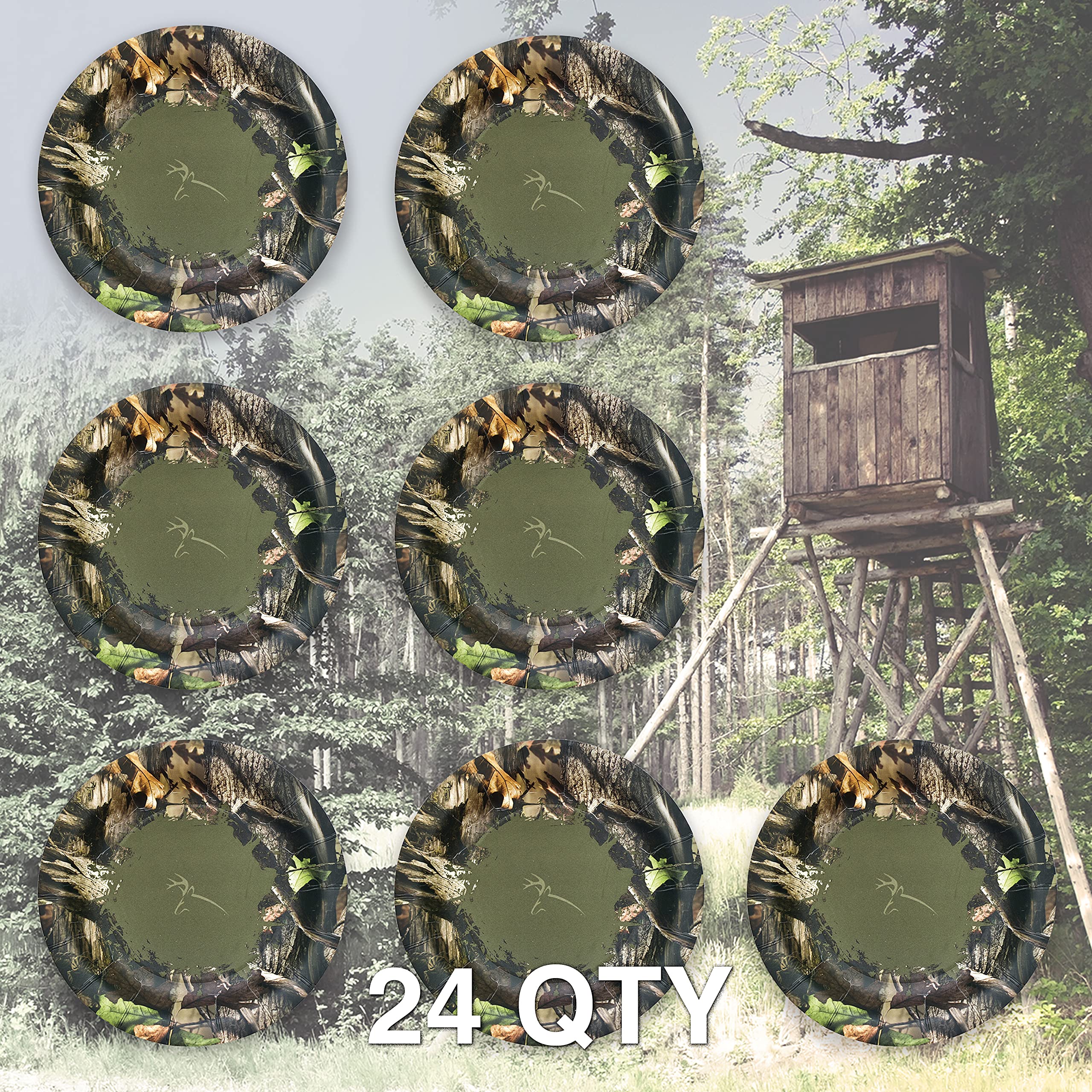 Havercamp Next Camo 7" Party Plates (24 pack) Hunting Camo Round Dessert Plates with Buck logo. Great for Hunter Themed Party, Camouflage, Birthdays, Graduations, Outdoor Family Picnics.