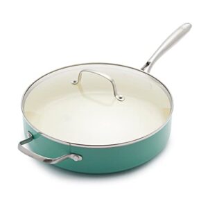 greenlife artisan healthy ceramic nonstick, 5qt saute pan jumbo cooker with helper handle and lid, stainless steel handle, pfas-free, dishwasher safe, oven safe, turquoise