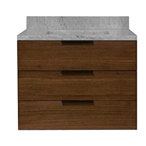 Kitchen Bath Collection Oslo 30-inch Floating Bathroom Vanity (Carrara/Walnut): Includes Walnut Cabinet with Authentic Italian Carrara Marble Countertop and White Ceramic Sink