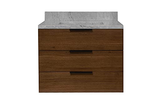 Kitchen Bath Collection Oslo 30-inch Floating Bathroom Vanity (Carrara/Walnut): Includes Walnut Cabinet with Authentic Italian Carrara Marble Countertop and White Ceramic Sink