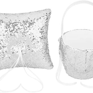 koTTIYA 2pcs Wedding Flower Girl Basket Ring Pillow Set Flower Basket and Ring Pillow for Party Decor Bridal Accessories - Silver