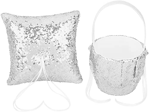 koTTIYA 2pcs Wedding Flower Girl Basket Ring Pillow Set Flower Basket and Ring Pillow for Party Decor Bridal Accessories - Silver