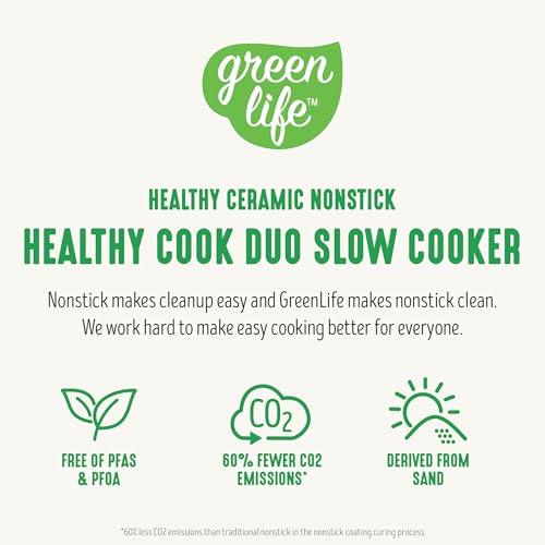 GreenLife 6 Quart Ceramic Slow Cooker, PFAS-Free, Programmable, Removable Healthy Nonstick Pot for large families, Sear on Stovetop, Keep Warm, Digital Timer, Dishwasher Safe Glass Lid & Crock, Black