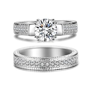 ryghewe women engagement ring,2 pcs full diamond silver color adjustable ring fashion carving diamond bridal ring for girlfriends wife,gift for birthday,valentine's day,anniversary (silver, 7)