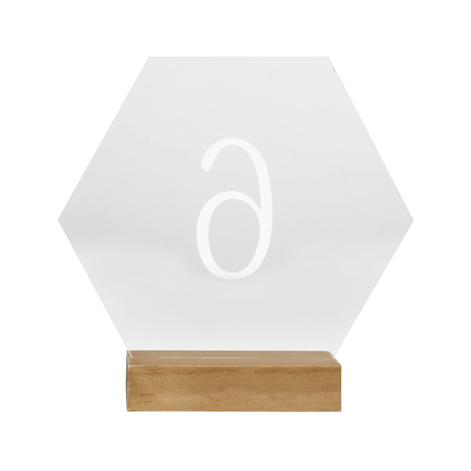 Hanna Roberts Modern Hexagonal Geometric Table Number Acrylic Signs with Wood Stands for Wedding Reception, Restaurant, Event Party, 5" x 1.5" x 5.9" (Number Design, Set of 10 (1-10))