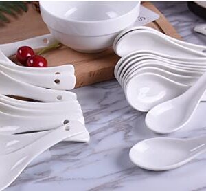 10 Pack White Ceramic Soup Spoons,Wonton Soup Spoons,Asian Soup Spoon Set,5"Kid Spoons,Tasting Spoon,Side Dishes,Table Spoons,Small Appetizer Spoon,Stackable Ramekins Can Stand,Deep Oval Design