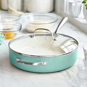 GreenLife Artisan Healthy Ceramic Nonstick, 5QT Saute Pan Jumbo Cooker with Helper Handle and Lid, Stainless Steel Handle, PFAS-Free, Dishwasher Safe, Oven Safe, Turquoise