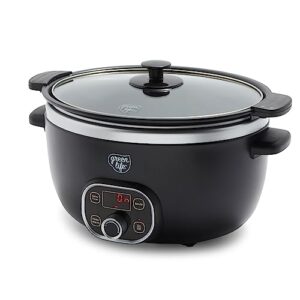 greenlife 6 quart ceramic slow cooker, pfas-free, programmable, removable healthy nonstick pot for large families, sear on stovetop, keep warm, digital timer, dishwasher safe glass lid & crock, black