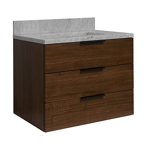 Kitchen Bath Collection Oslo 30-inch Floating Bathroom Vanity (Carrara/Walnut): Includes Walnut Cabinet with Authentic Italian Carrara Marble Countertop and White Ceramic Sink