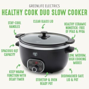 GreenLife 6 Quart Ceramic Slow Cooker, PFAS-Free, Programmable, Removable Healthy Nonstick Pot for large families, Sear on Stovetop, Keep Warm, Digital Timer, Dishwasher Safe Glass Lid & Crock, Black