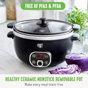 GreenLife 6 Quart Ceramic Slow Cooker, PFAS-Free, Programmable, Removable Healthy Nonstick Pot for large families, Sear on Stovetop, Keep Warm, Digital Timer, Dishwasher Safe Glass Lid & Crock, Black