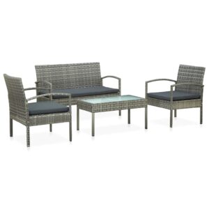 vidaxl patio lounge set with cushions, 4 piece outdoor furniture set in poly rattan and powder-coated steel, includes 2-seater sofa, armchairs, and table, modern design, gray