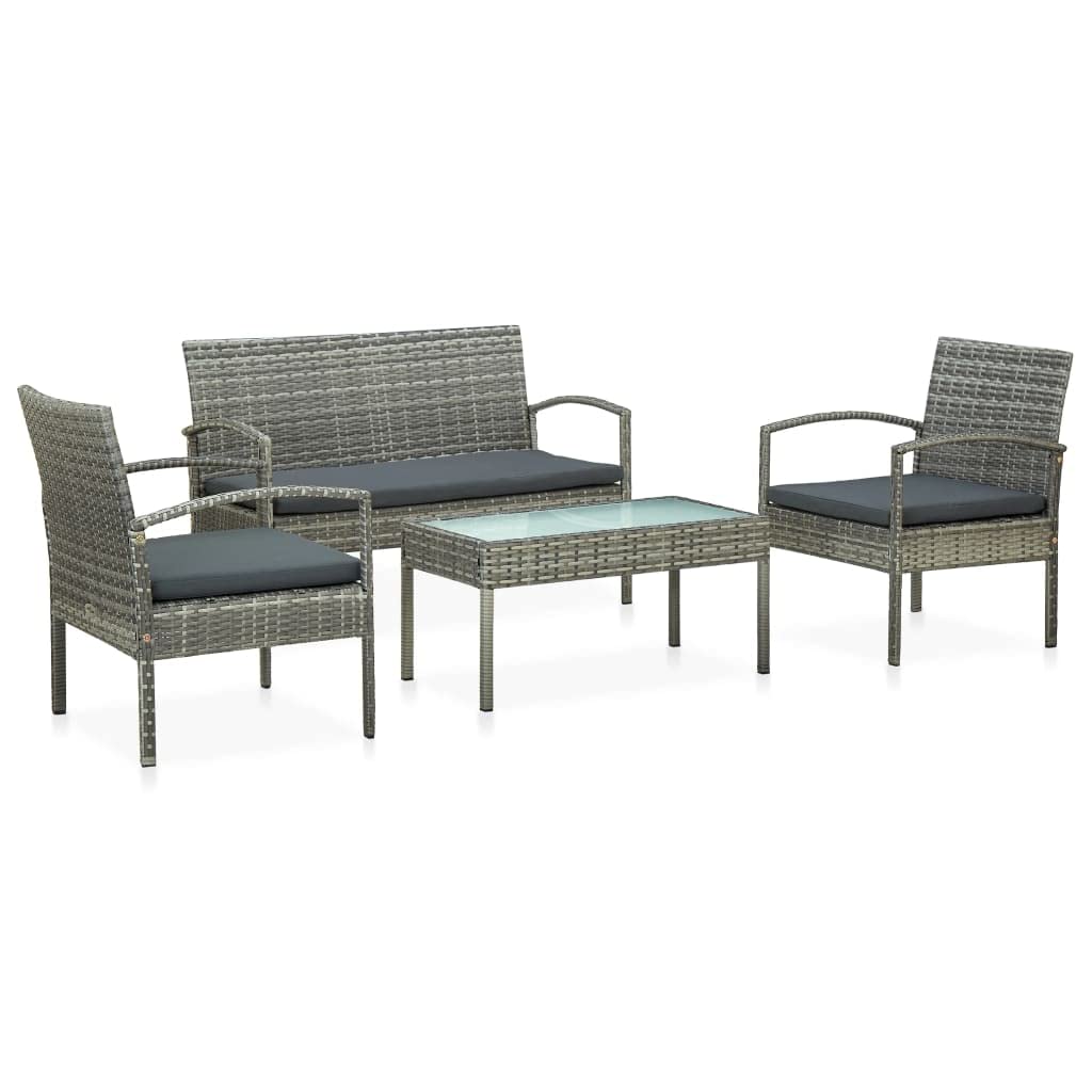 vidaXL Patio Lounge Set with Cushions, 4 Piece Outdoor Furniture Set in Poly Rattan and Powder-Coated Steel, Includes 2-Seater Sofa, Armchairs, and Table, Modern Design, Gray