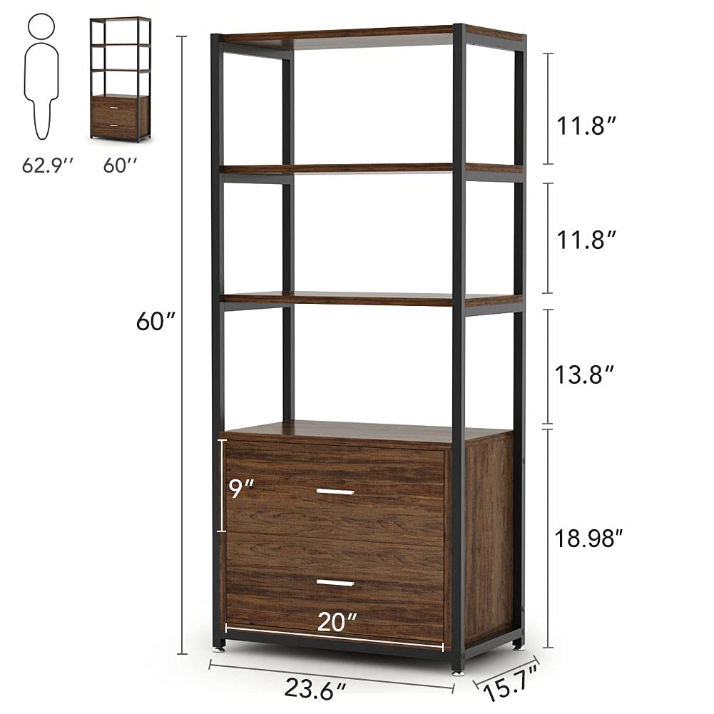 Tribesigns Bookshelf, Rustic Etagere Bookcase with Drawers, Vintage Industrial Display Book Shelf for Home Office (Rustic)