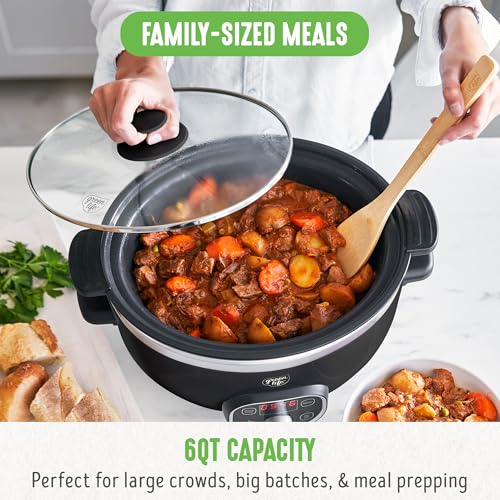 GreenLife 6 Quart Ceramic Slow Cooker, PFAS-Free, Programmable, Removable Healthy Nonstick Pot for large families, Sear on Stovetop, Keep Warm, Digital Timer, Dishwasher Safe Glass Lid & Crock, Black