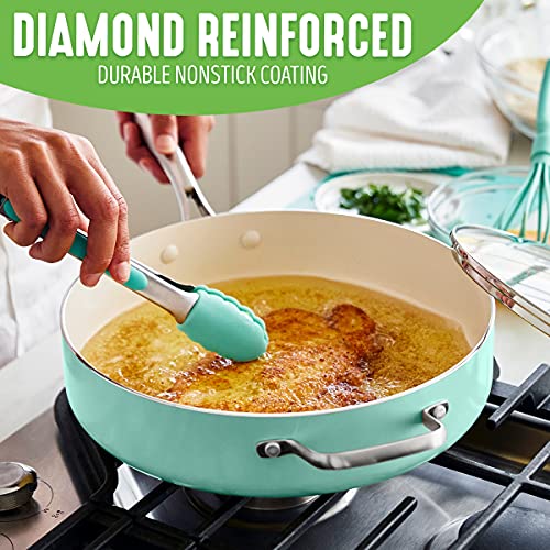 GreenLife Artisan Healthy Ceramic Nonstick, 5QT Saute Pan Jumbo Cooker with Helper Handle and Lid, Stainless Steel Handle, PFAS-Free, Dishwasher Safe, Oven Safe, Turquoise